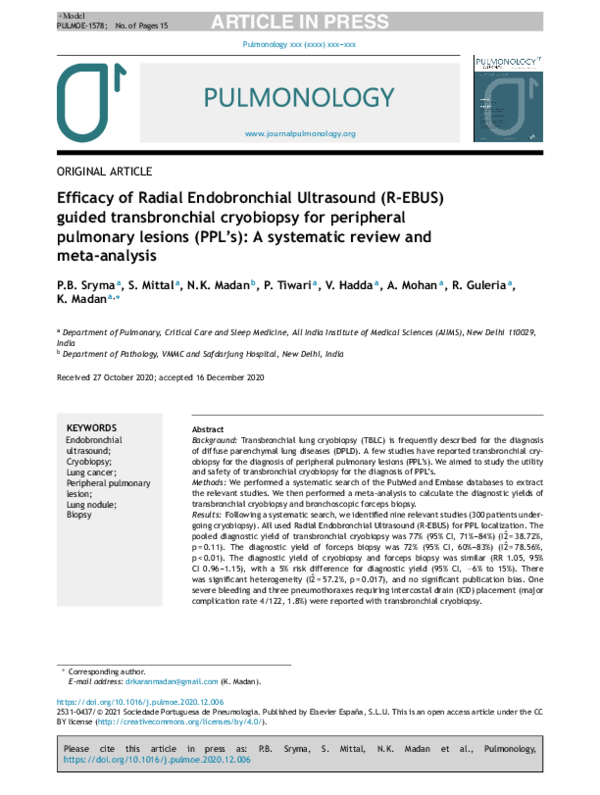 (PDF) Efficacy of Radial Endobronchial Ultrasound (R-EBUS) guided transbronchial cryobiopsy for ...