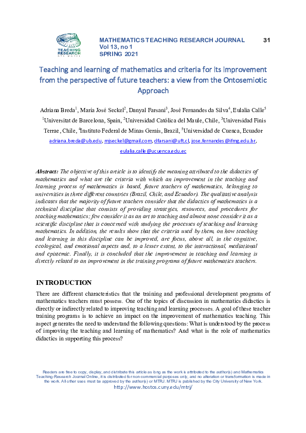 (PDF) Teaching and learning of mathematics and criteria for its ...