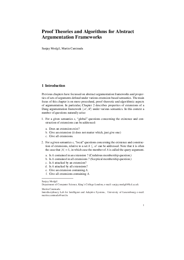 (PDF) Proof Theories and Algorithms for Abstract Argumentation Frameworks