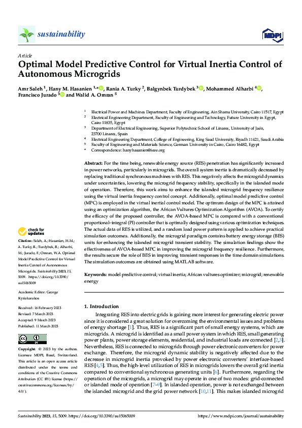 Pdf Optimal Model Predictive Control For Virtual Inertia Control Of Autonomous Microgrids