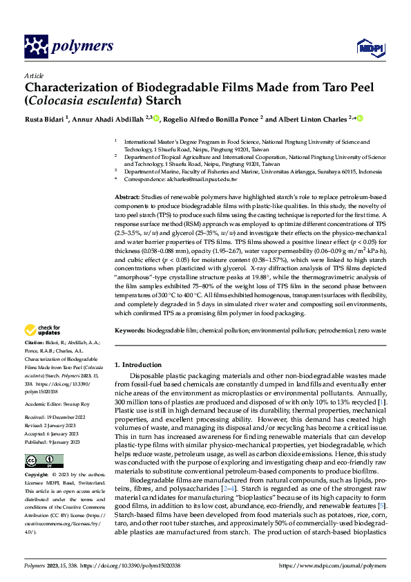 (PDF) Characterization of Biodegradable Films Made from Taro Peel (Colocasia esculenta) Starch