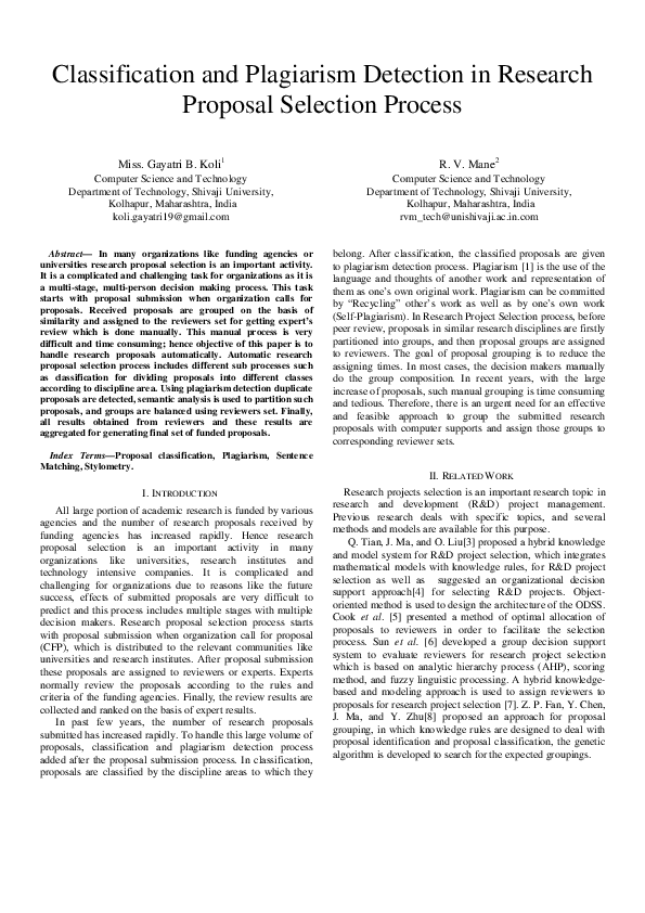 (PDF) Classification and Plagiarism Detection in Research Proposal selection Process