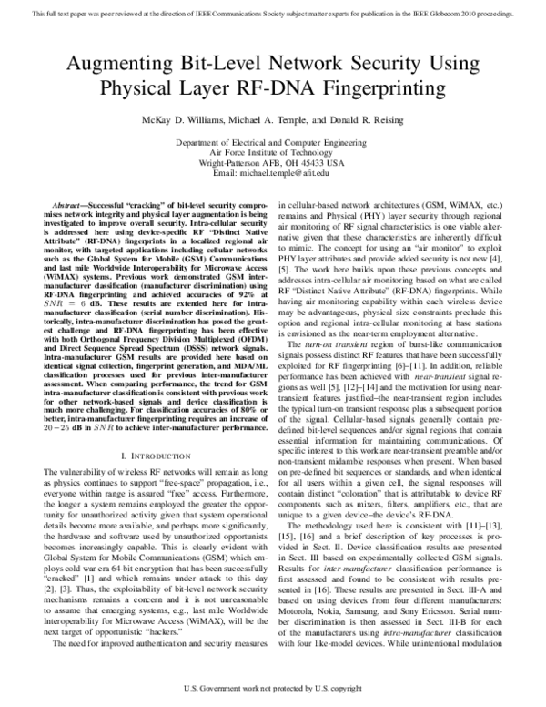 (PDF) Augmenting Bit-Level Network Security Using Physical Layer RF-DNA Fingerprinting