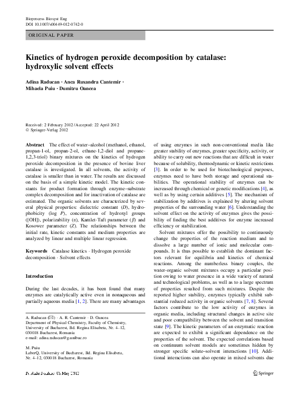 (PDF) Kinetics of hydrogen peroxide decomposition by catalase ...