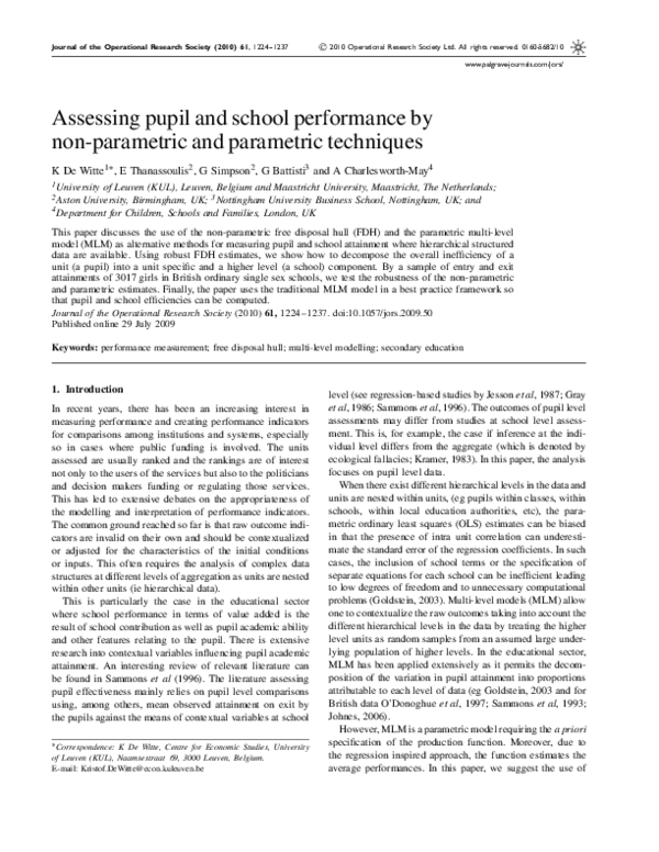 (PDF) Assessing pupil and school performance by non-parametric and ...