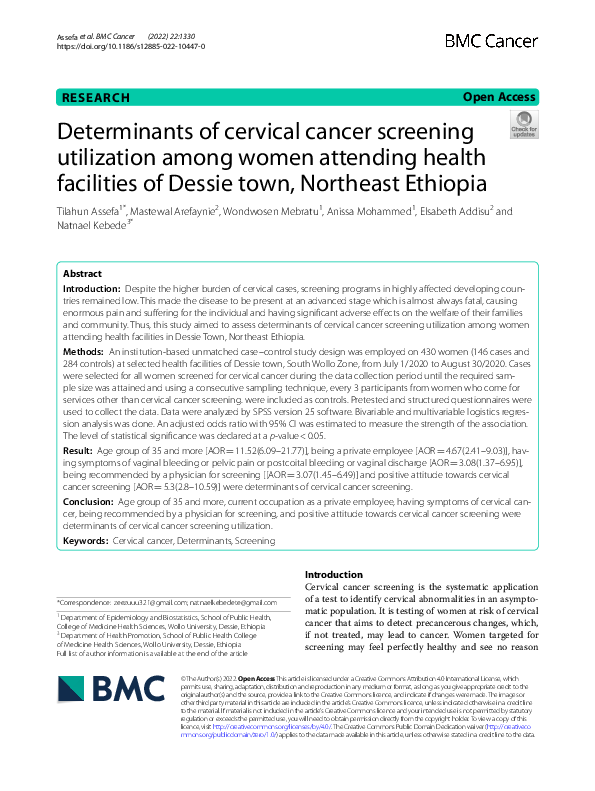 (PDF) Determinants of cervical cancer screening utilization among women ...