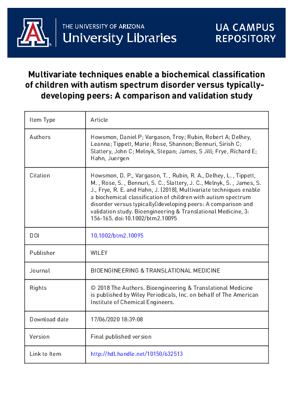(PDF) Multivariate techniques enable a biochemical classification of children with autism ...