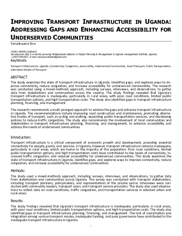 (PDF) IMPROVING TRANSPORT INFRASTRUCTURE IN UGANDA: ADDRESSING GAPS AND ...
