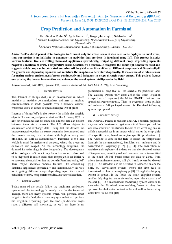 Crop Prediction And Automation In Farmland