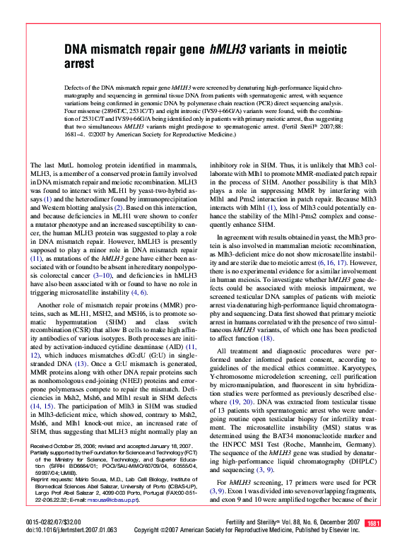 (PDF) DNA mismatch repair gene hMLH3 variants in meiotic arrest