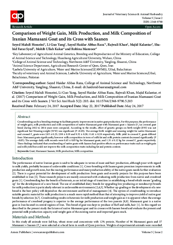 (PDF) Comparison of Weight Gain, Milk Production, and Milk Composition of Iranian Mamasani Goat ...