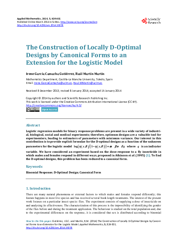 (PDF) The Construction of Locally D-Optimal Designs by Canonical Forms to an Extension for the ...