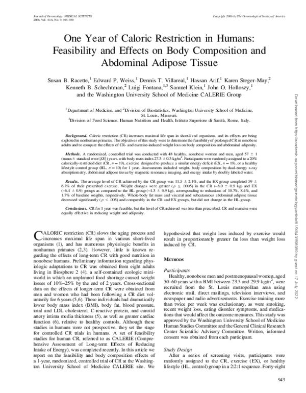 (PDF) One Year of Caloric Restriction in Humans: Feasibility and ...