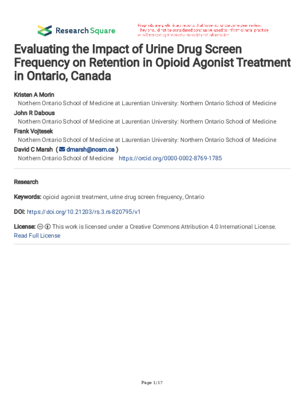 (PDF) Evaluating the Impact of Urine Drug Screen Frequency on Retention ... (PDF) Evaluating the Impact of Urine Drug Screen Frequency on Retention ...
