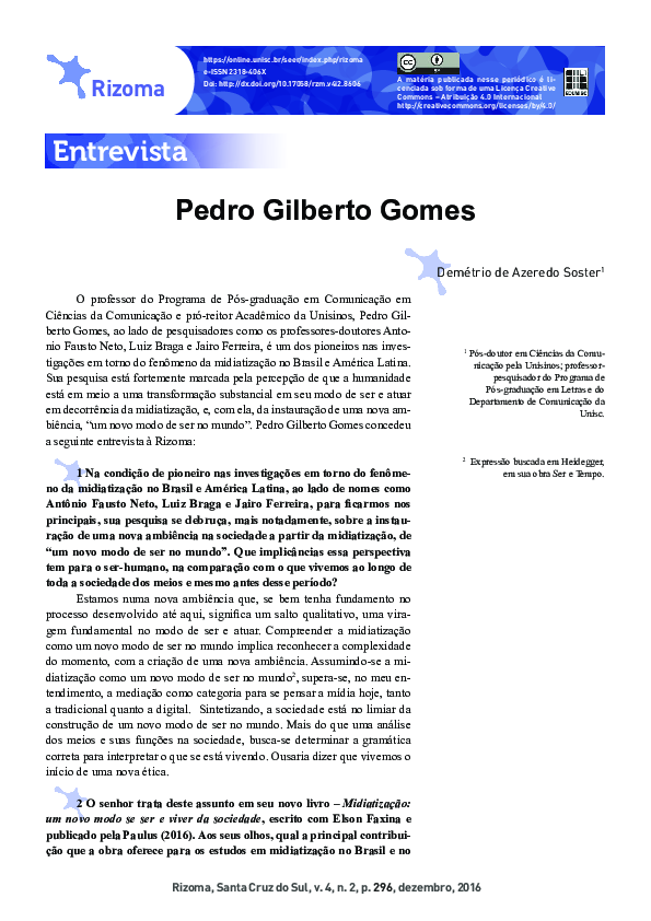 (PDF) Entrevista/Pedro Gilberto Gomes