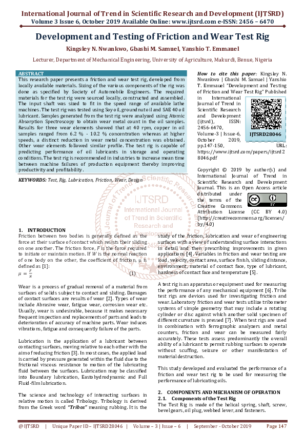 (PDF) Development and Testing of Friction and Wear Test Rig