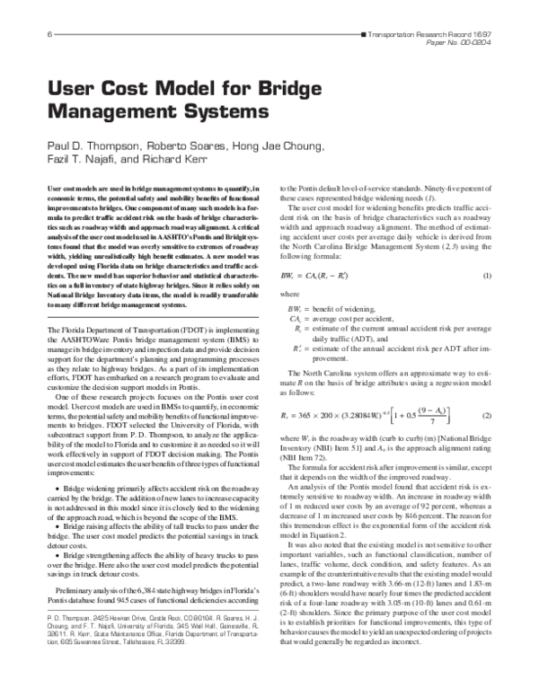 (PDF) User Cost Model for Bridge Management Systems