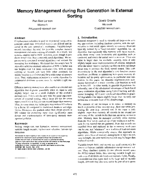(PDF) Memory management during run generation in external sorting