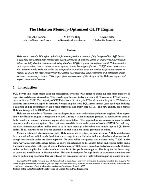 (PDF) The Hekaton Memory-Optimized OLTP Engine (PDF) The Hekaton Memory-Optimized OLTP Engine