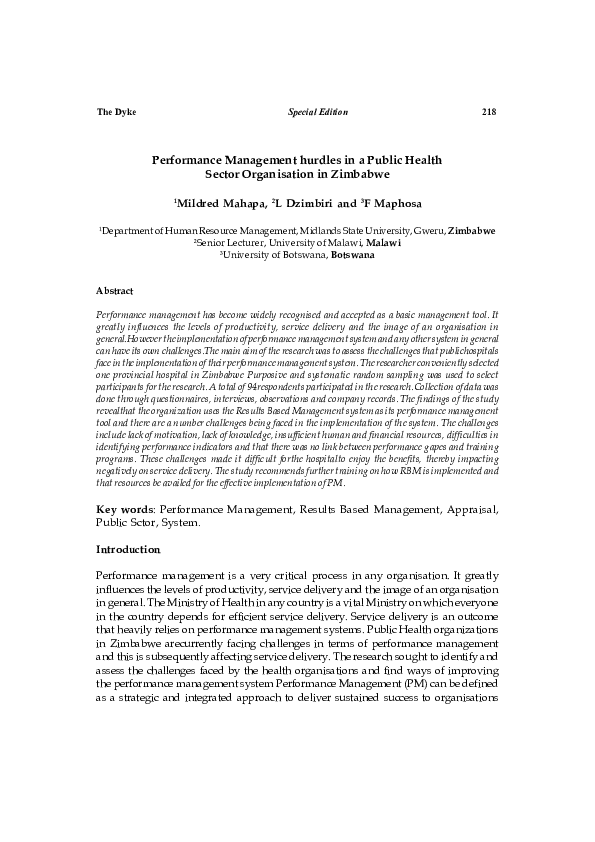 (PDF) Performance Management Hurdles in a Public Health Sector ...