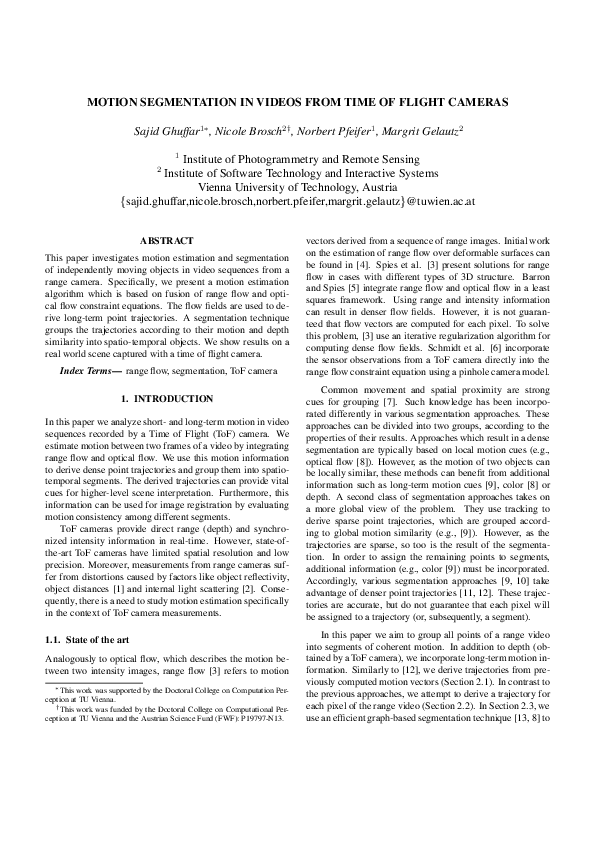 Pdf Motion Segmentation In Videos From Time Of Flight Cameras