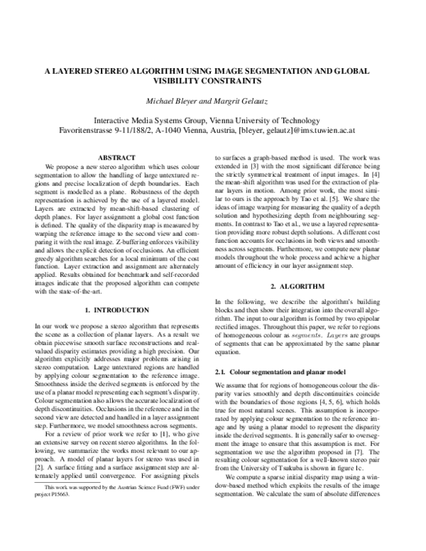 Pdf A Layered Stereo Algorithm Using Image Segmentation And Global Visibility Constraints