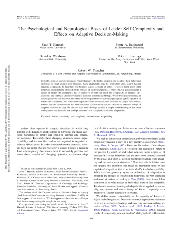(PDF) The psychological and neurological bases of leader self ...
