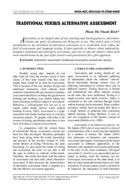 (PDF) Traditional Versus Alternative Assessment | Pham Thi Binh (FGW ...