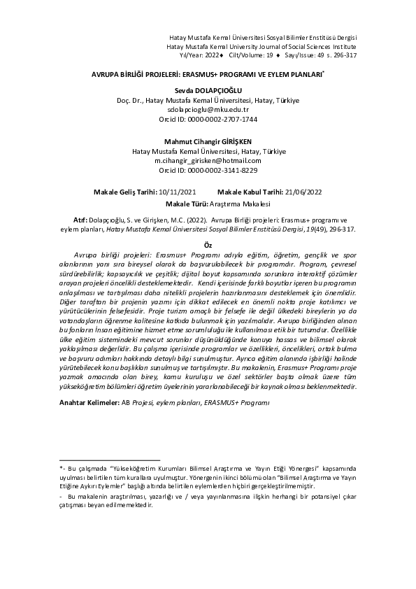 (PDF) Avrupa Bi̇rli̇ği̇ Projeleri̇: Erasmus+ Programi Ve Eylem Planlari