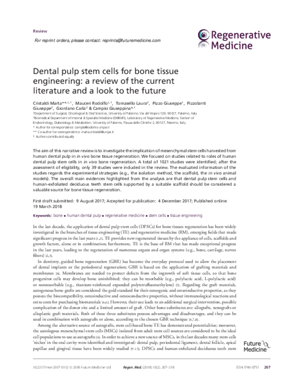 (PDF) Dental pulp stem cells for bone tissue engineering: a review of ...