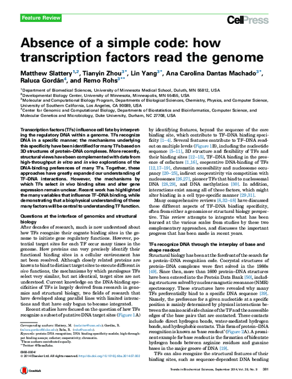 (PDF) Absence of a simple code: how transcription factors read the genome | ana machado ...