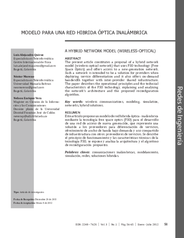 (PDF) Modelo Para Una Red Hibrida Óptica Inalámbrica