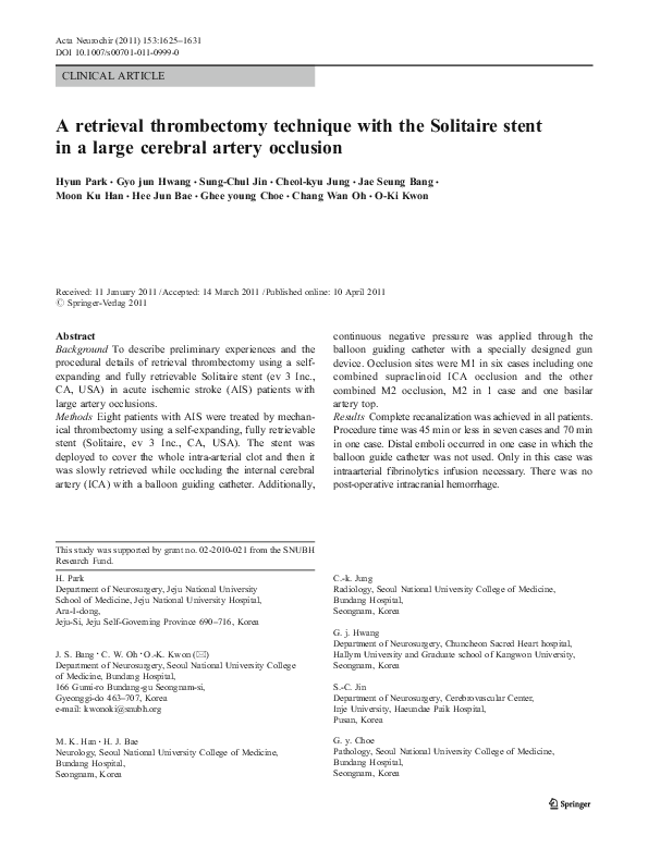 (PDF) A retrieval thrombectomy technique with the Solitaire stent in a ...