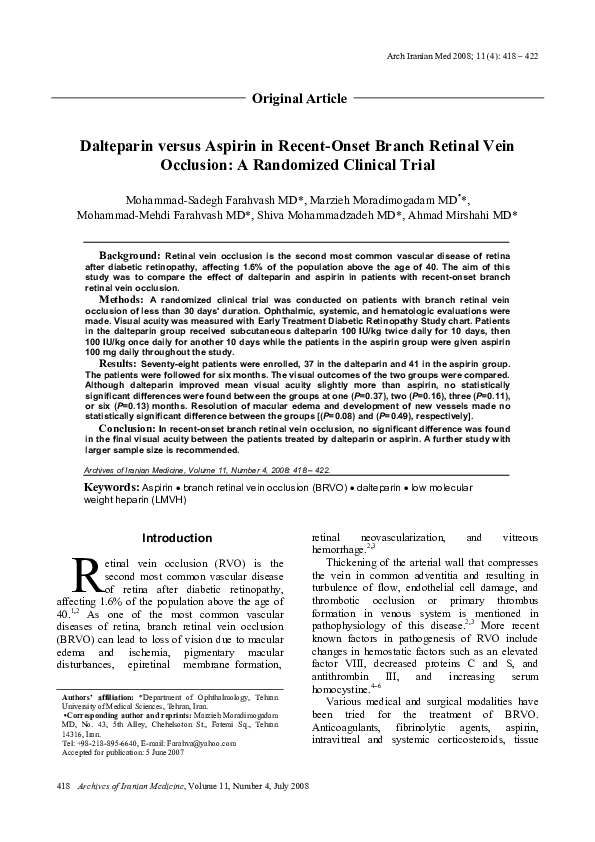 (PDF) Dalteparin versus aspirin in recent-onset branch retinal vein ...