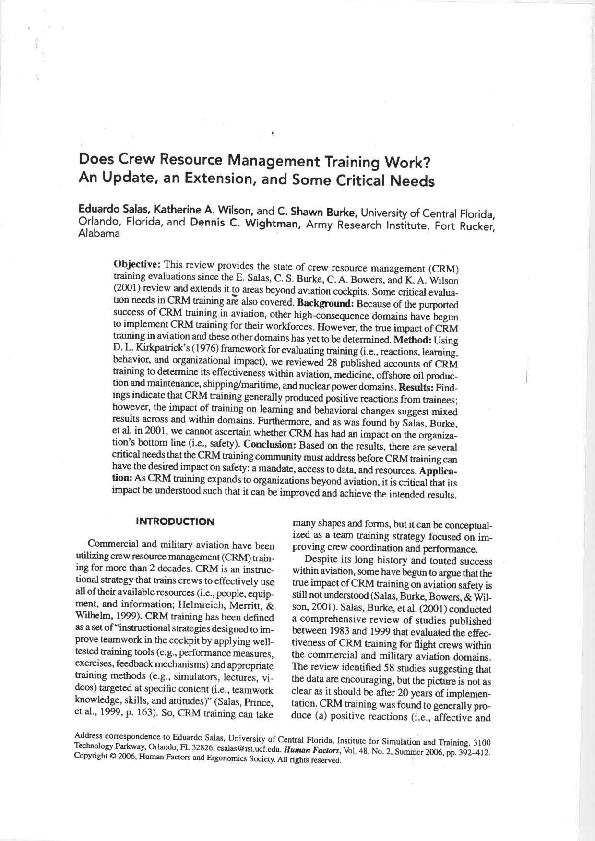 (PDF) Does Crew Resource Management Training Work? An Update, an ...