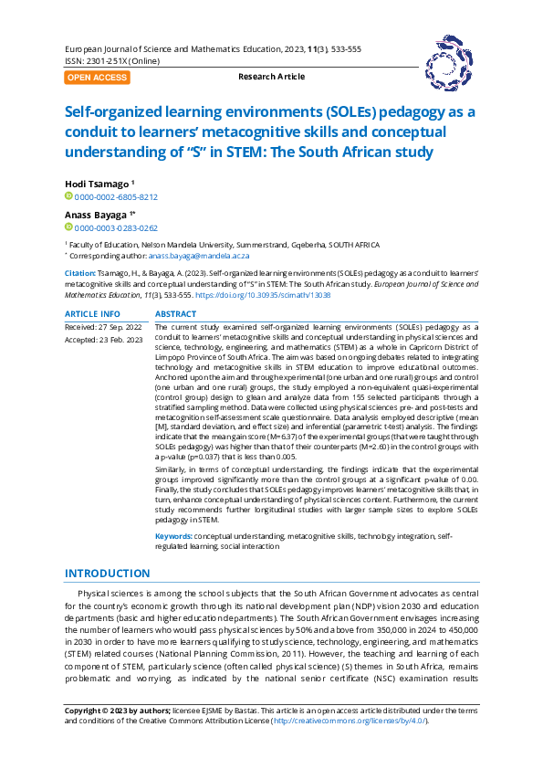 (PDF) Self-organized learning environments (SOLEs) pedagogy as a conduit to learners ...