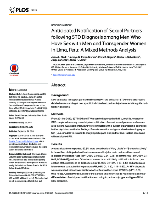 Pdf Anticipated Notification Of Sexual Partners Following Std