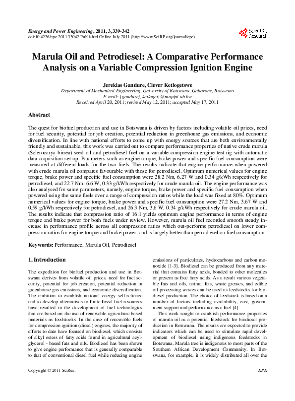 (PDF) Comparative Analysis of Marula Oil and Petrodiesel in Engines