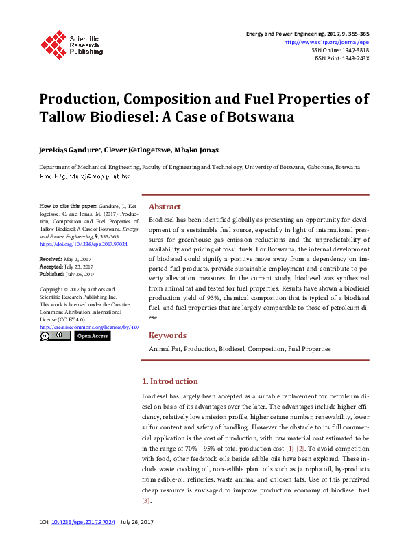 (PDF) Production, Composition and Fuel Properties of Tallow Biodiesel ...
