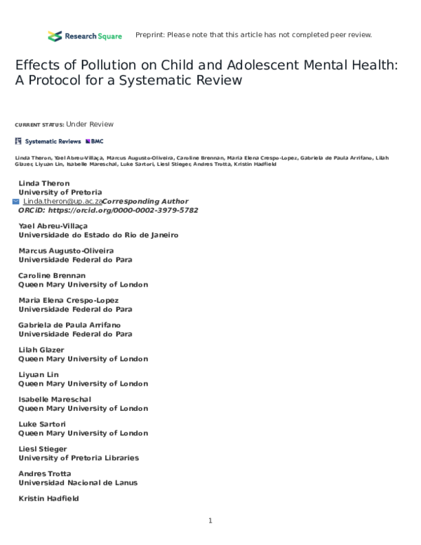 (PDF) Effects of Pollution on Child and Adolescent Mental Health: A Protocol for a Systematic Review