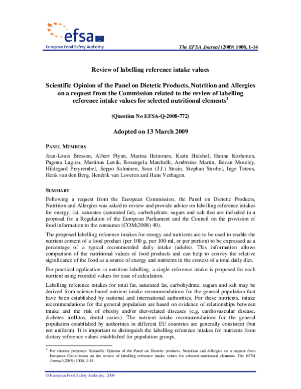(PDF) Review of labelling reference intake values - Scientific Opinion of the Panel on Dietetic ...