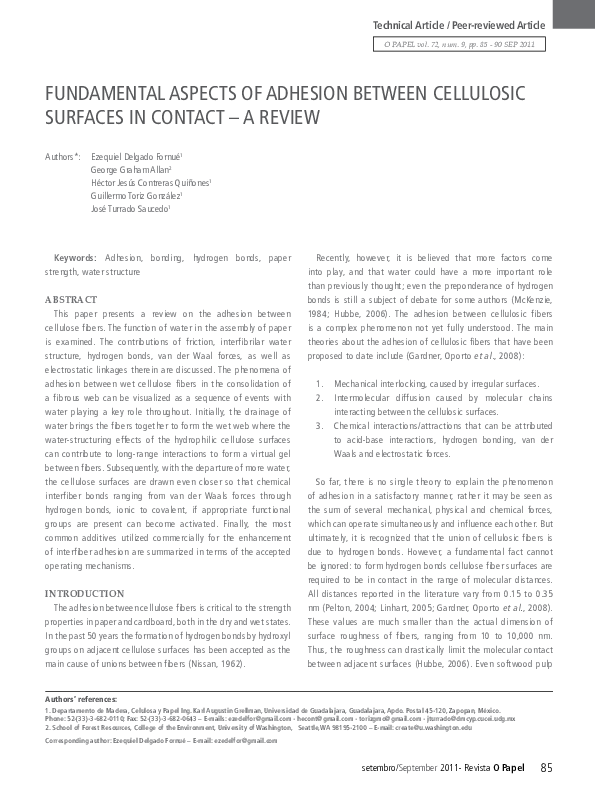 Pdf Fundamental Aspects Of Adhesion Between Cellulosic Surfaces In Contact A Review