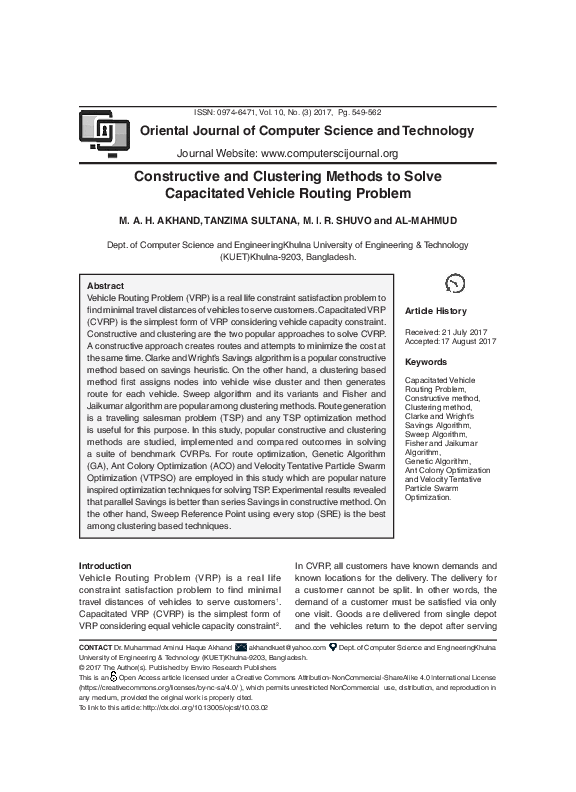 Pdf Constructive And Clustering Methods To Solve Capacitated Vehicle Routing Problem Mr 0033