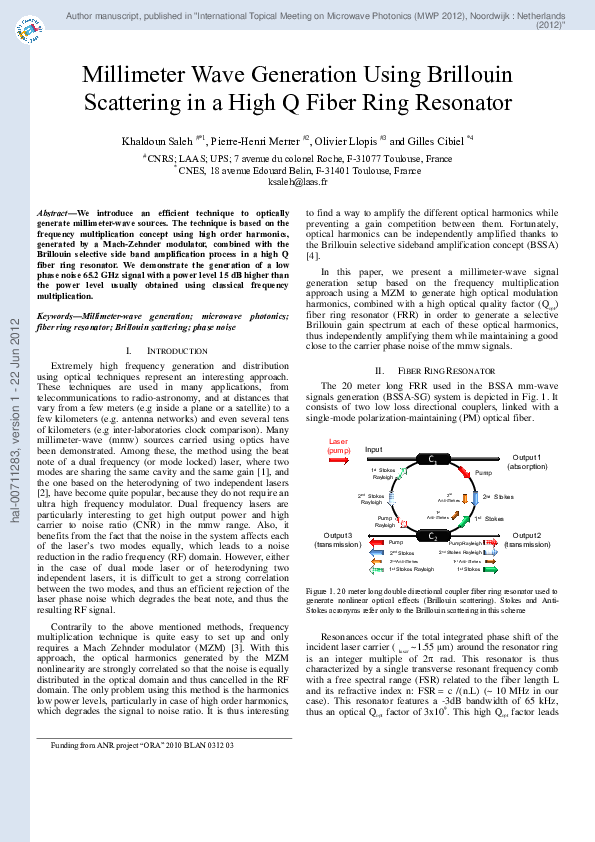 (PDF) Millimeter wave generation using Brillouin scattering in a high Q fiber ring resonator