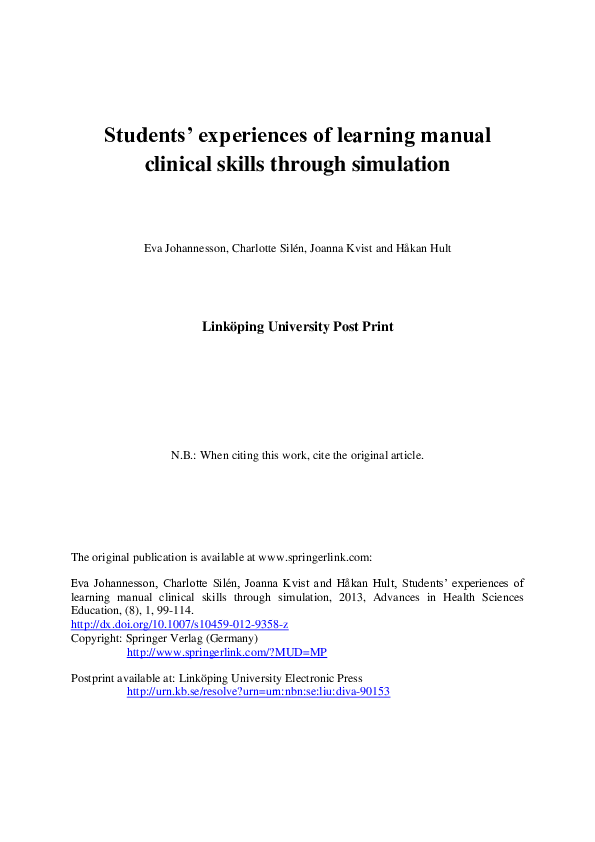 (PDF) Students’ experiences of learning manual clinical skills through simulation