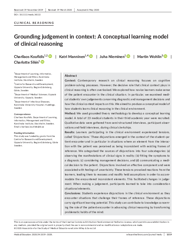Pdf Grounding Judgement In Context A Conceptual Learning Model Of Clinical Reasoning