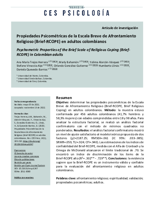 (PDF) Propiedades Psicométricas de la Escala Breve de Afrontamiento ...