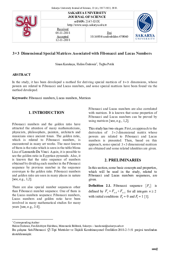 (PDF) 3 × 3 Dimensional Special Matrices Associated with Fibonacci and ...