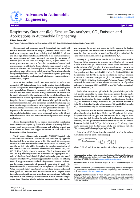(PDF) Respiratory Quotient (Rq), Exhaust Gas Analyses, CO2 Emission and ...