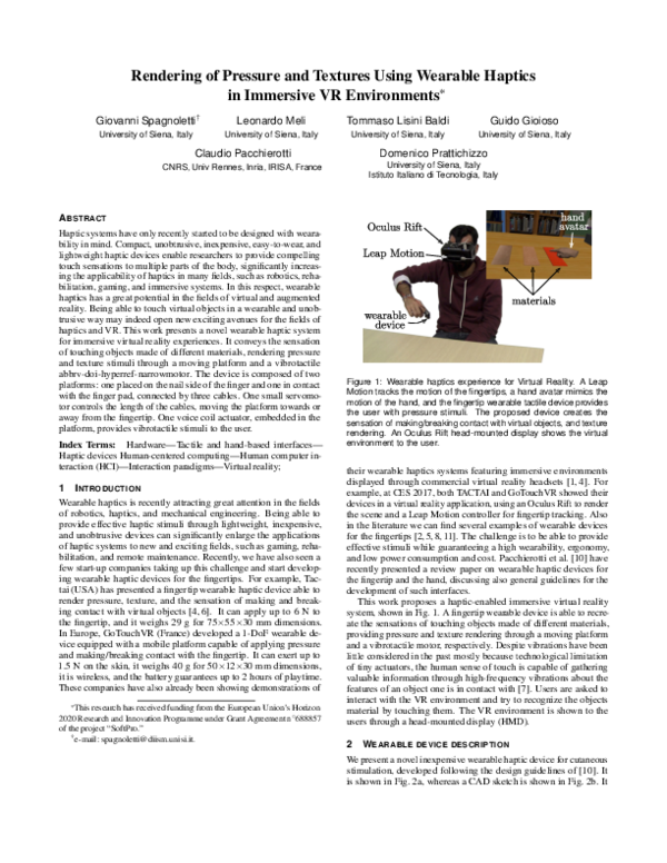 (PDF) Rendering of Pressure and Textures Using Wearable Haptics in Immersive VR Environments